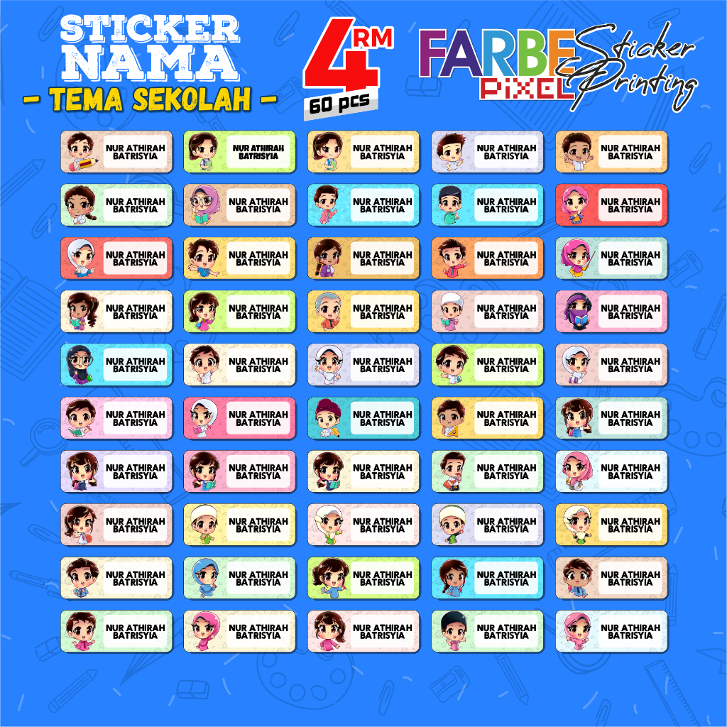 [60 pcs] STICKER NAMA DESIGN KARTUN / CARTOON STICKER UNTUK LABEL ...