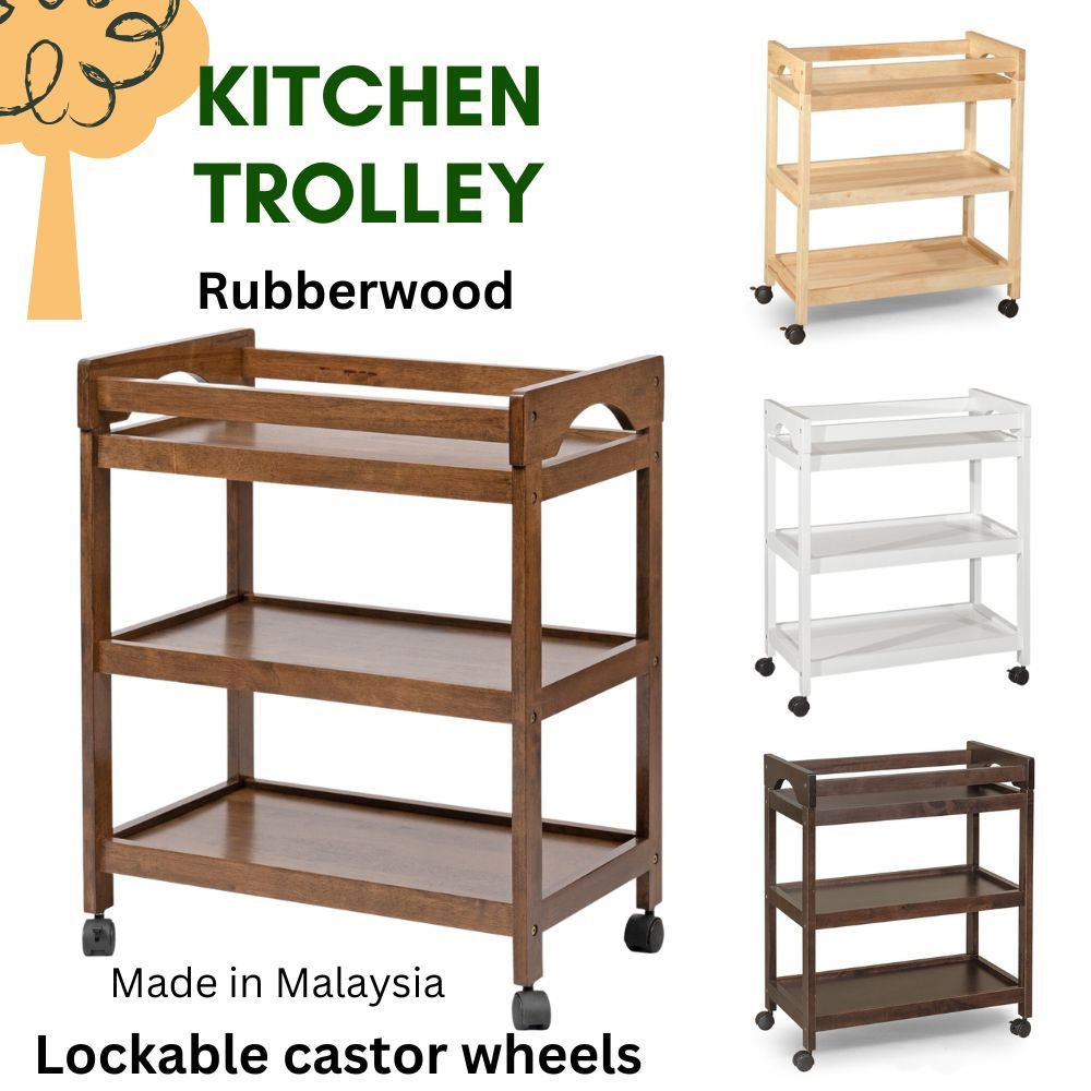 3 Tier Multi-Function Rubberwood Kitchen Trolley, Troli Makanan 3 ...