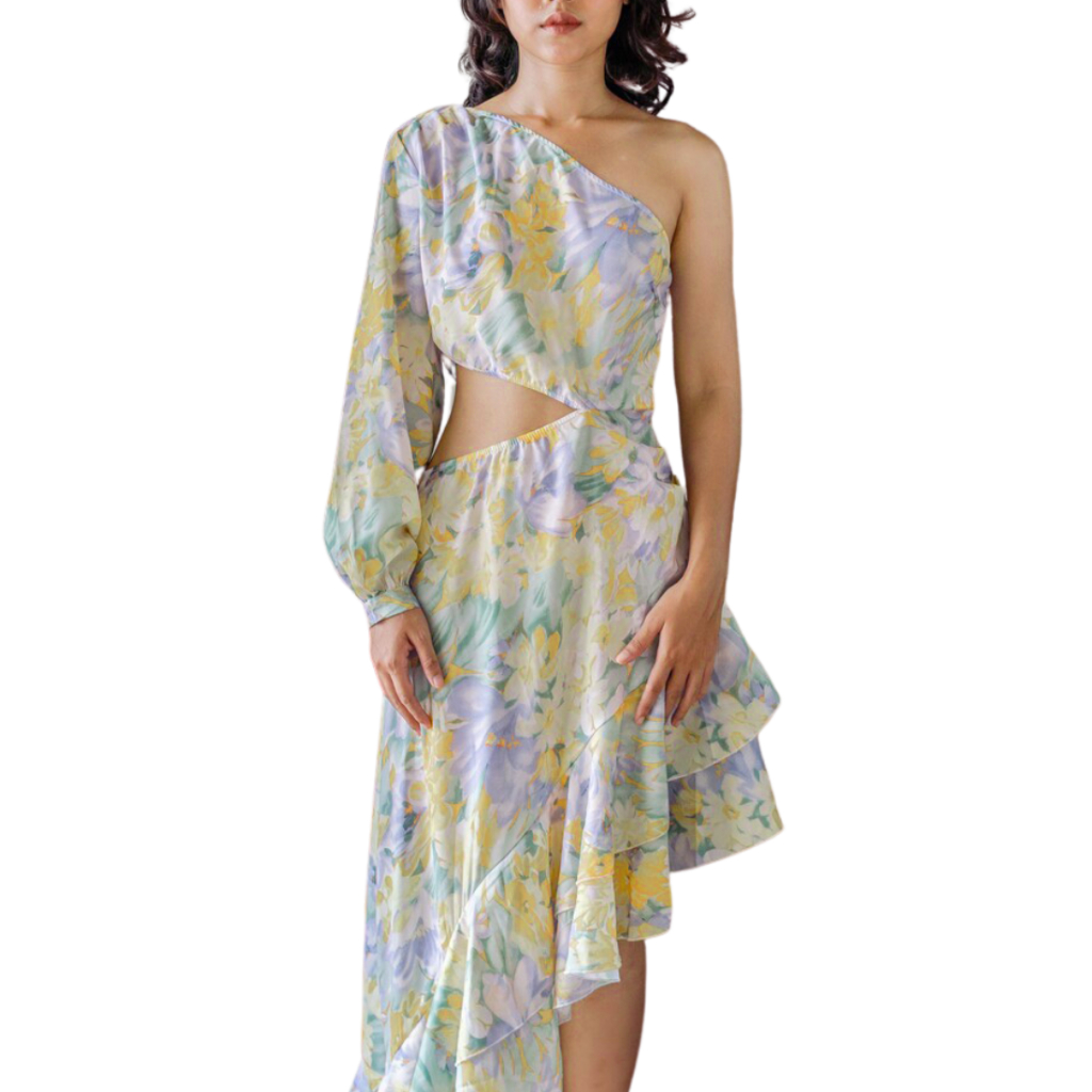 Aurora Floral Print Toga Cut Out Asymmetrical Dress in Lilac / Yellow ...