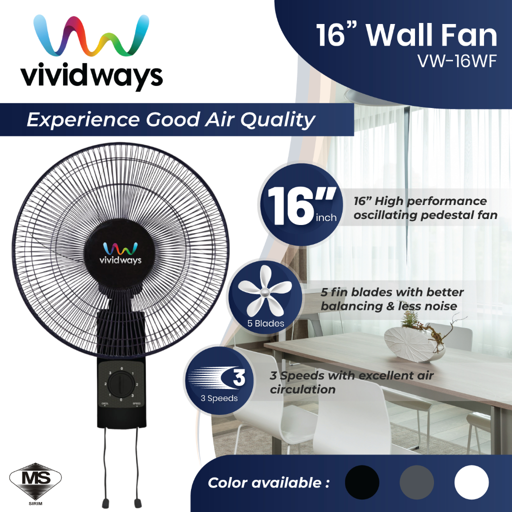 K2 VIVIDWAYS 3SPEED WALL FAN 5 BLADE 16" MANUAL PULL VW-16WF (SIRIM ...