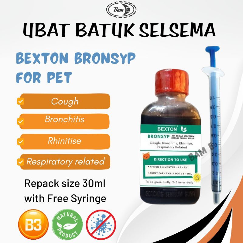 Ubat Batuk Selsema Kucing Bexton BRONSYP Repack 30ml free 1 syringe ...