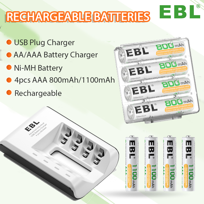 EBL 4pcs 1.2V 800mAh 1100mAh AAA NI-MH Pengecas bateri Rechargeable ...