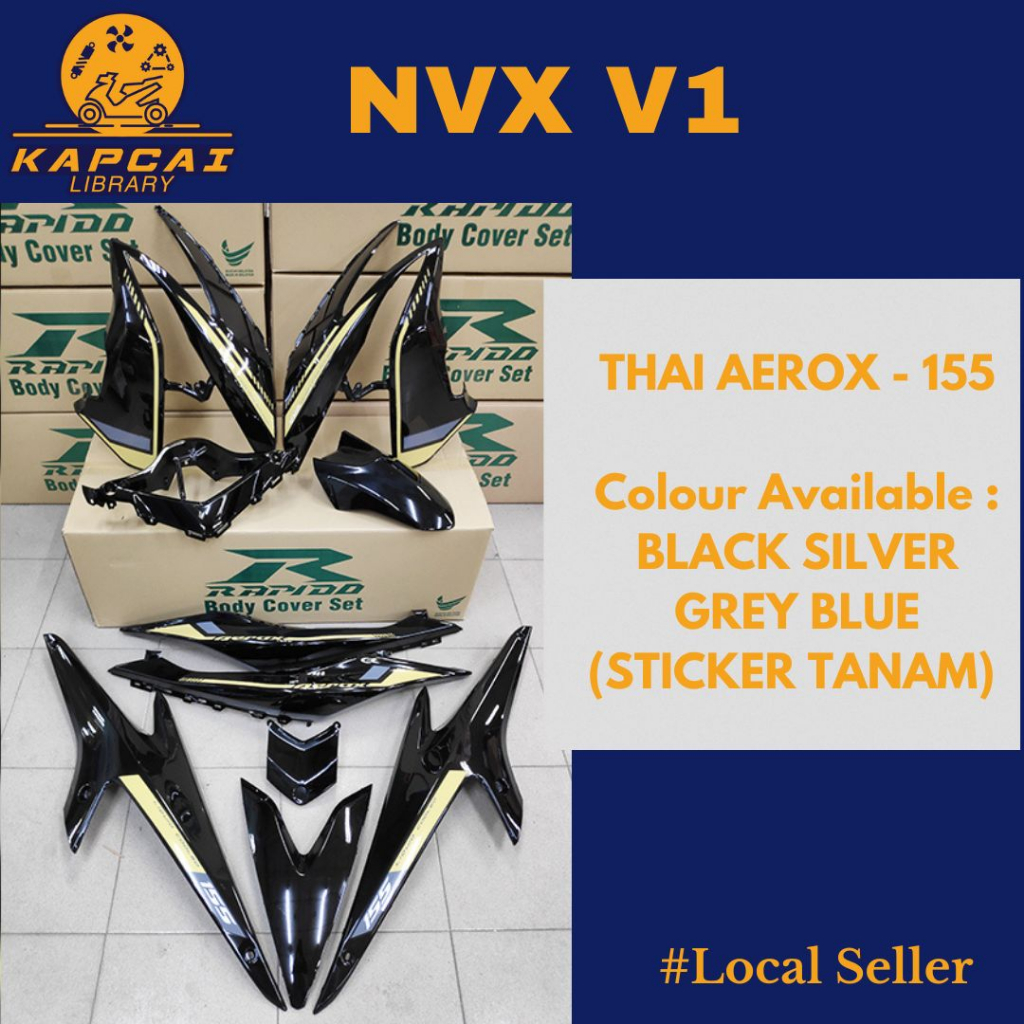 Rapido NVX V1 Thai Aerox -155 Coverset ( Sticker Tanam) BLACK GREY BLUE ...