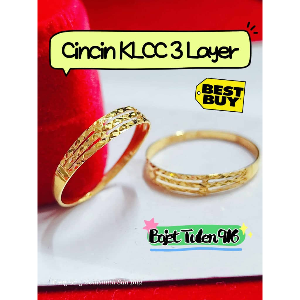 Wing Sing Cincin Tiga 3 Layer KLCC Bajet Tulen Emas 916/ 916 Gold Three 3 Line Budget Ring ...