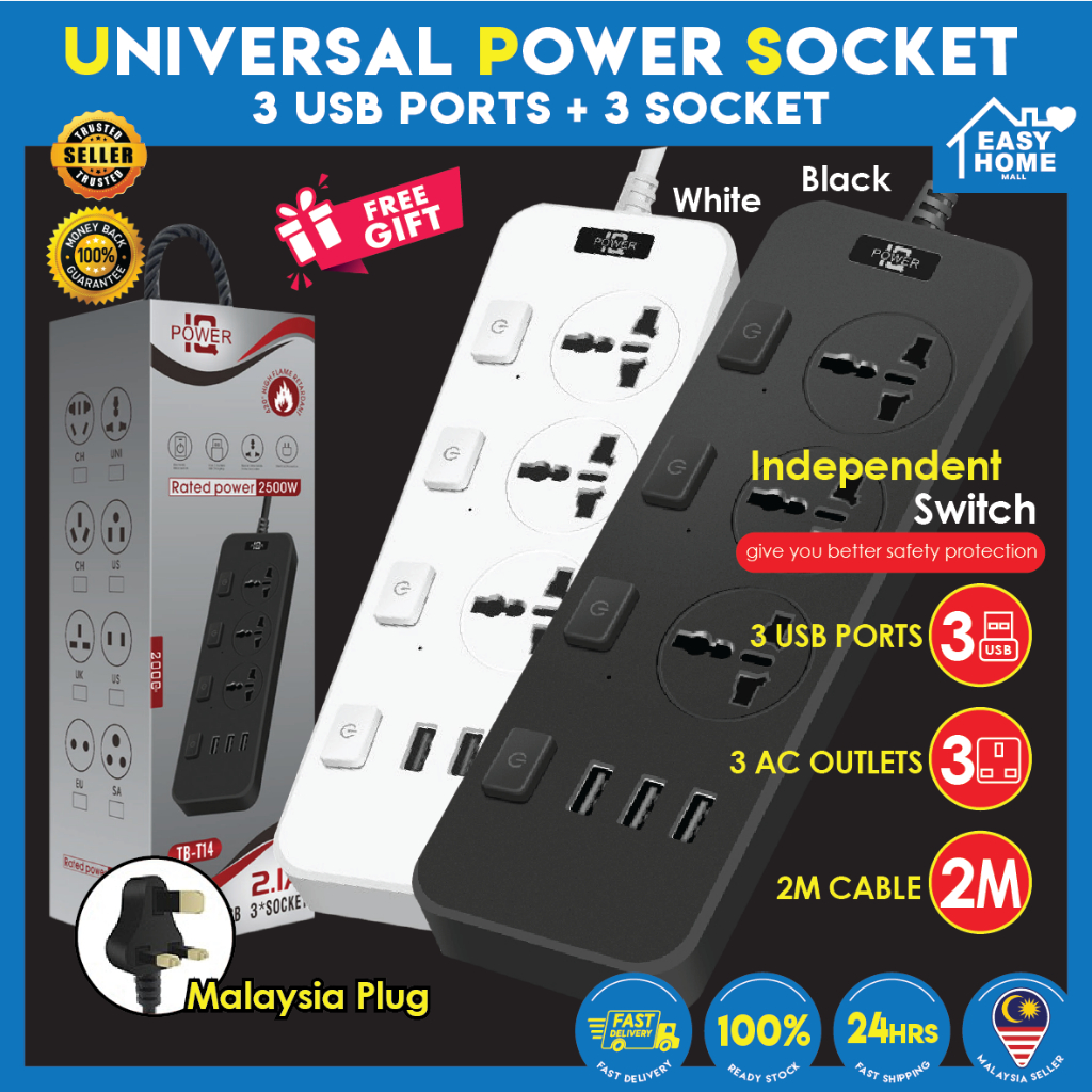 Universal Extension 3 Power Socket With Independent Switch 2 1a Fast Charging 3 Usb Plug Socket