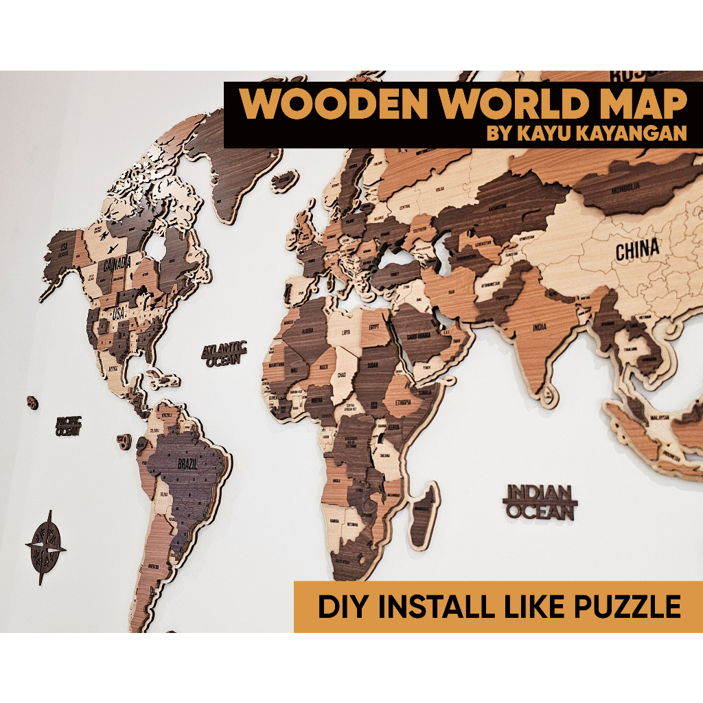 WOODEN WORLD MAP 100% MADE IN MALAYSIA, PETA DUNIA KAYU 3D, WOODEN MAP ...