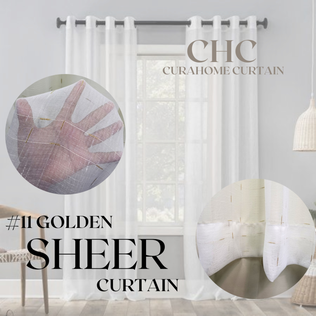 langsir Sheer Putih Gold Lining White Curtain Ready Made Hook / Ring ...