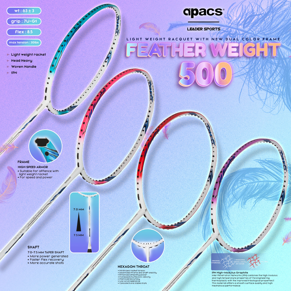 (FREE STRING & GRIP) APACS BADMINTON RACKET FEATHER WEIGHT 500 7U ...