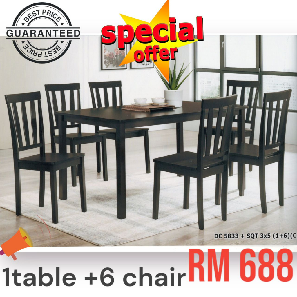 6 Seater Solid Wooden Seat Dining Set 1 Table + 6 Chairs Ready Stock ...