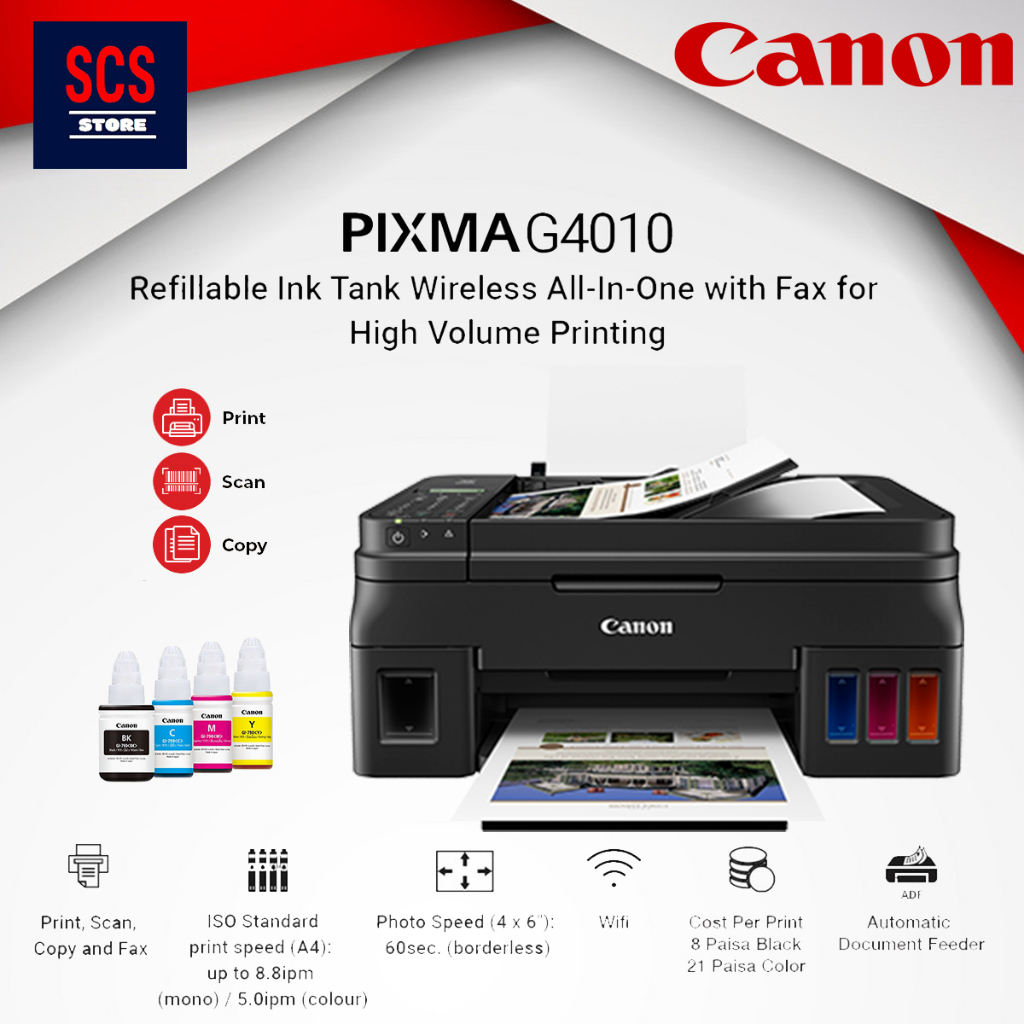 CANON PIXMA G4010 Refillable Ink Tank Wireless All-In-One with Fax for ...