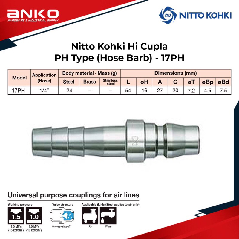 Nitto Kohki Hi Cupla 17 PH Plug Hose Nitto Coupler Air Cupla Air Hose Coupler Compressor ...