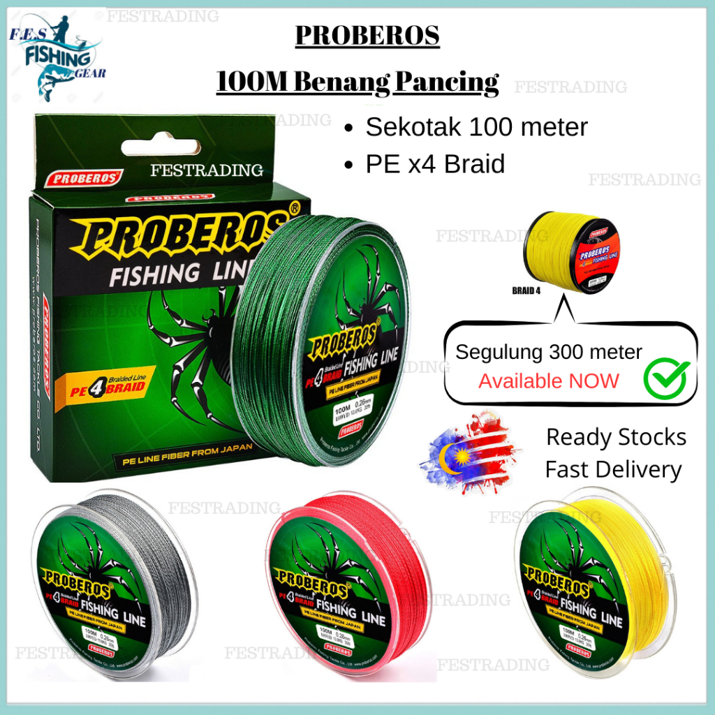 Proberos 100M PE Braided 4 Stands Fishing Line Benang Pancing Ikan ...