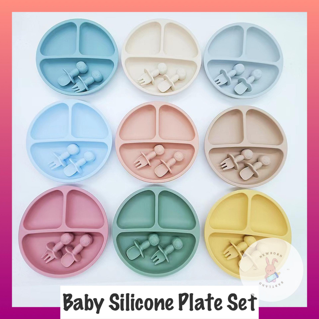 Baby Feeding Silicone Plate Set with Spoon and Fork Baby Dining Plate ...