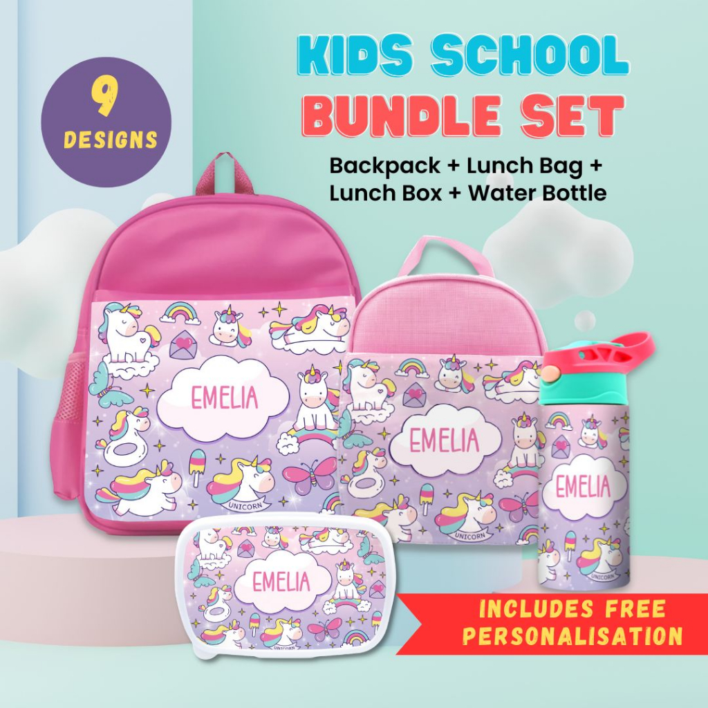 Kids Personalised 4in1 Backpack Lunch Bag Lunch Box Water Bottle Pre ...