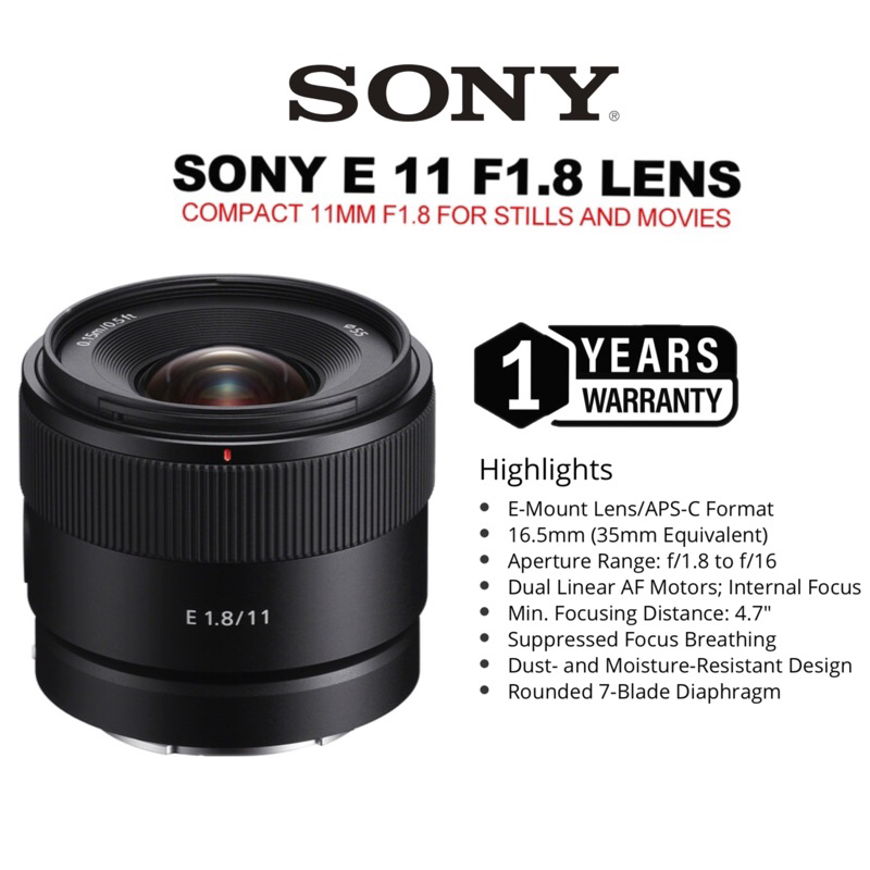 Sony E 11mm F/1.8 Lens E-mount APSC Format Dual Linear Motor Autofocus ...