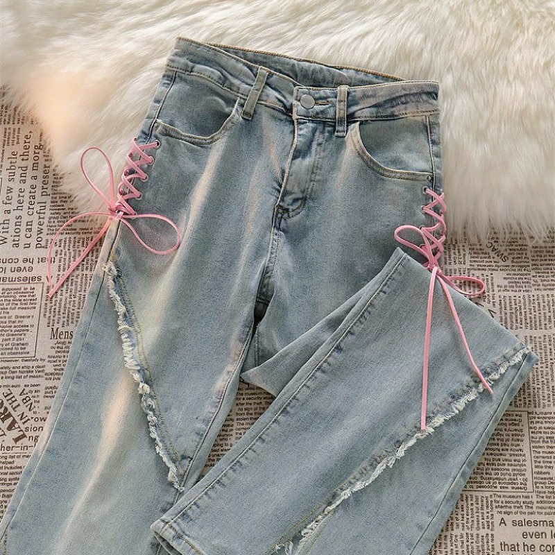 Ribbon Ballet Lace Up Sides Flare Leg Jeans | Shopee Malaysia