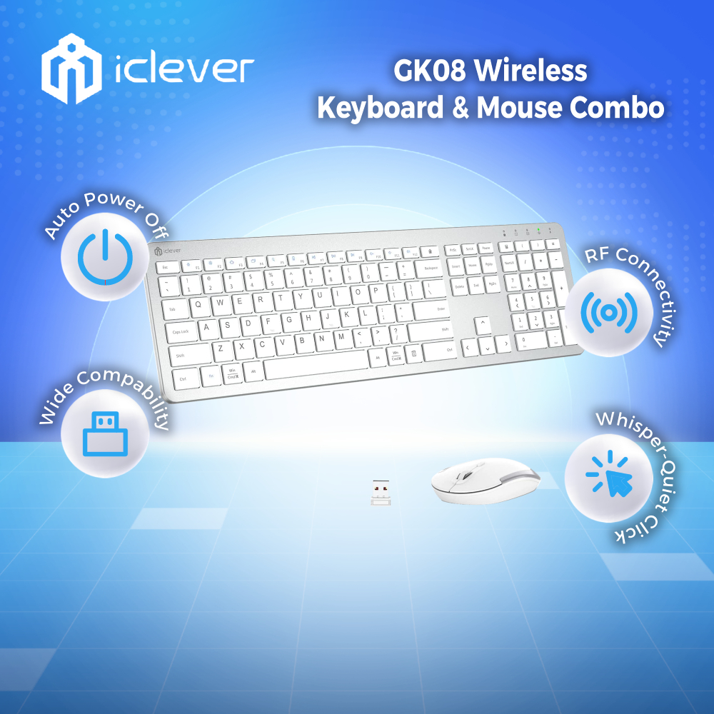 iClever GK08 Wireless Keyboard and Mouse Rechargeable Wireless Keyboard Ergonomic Full Size ...