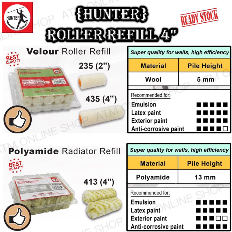 {HUNTER} ROLLER REFILL (Velour) 2” & 4” / RADIATOR REFILL (Polyamide) 4” (PCS) | Shopee Malaysia