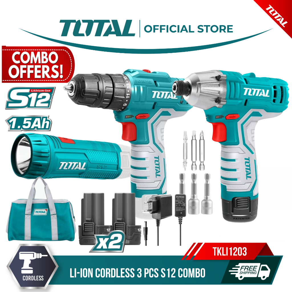 Total S12 Li-ion Impact Driver TIRLI1201 + Li-ion Cordless Drill ...