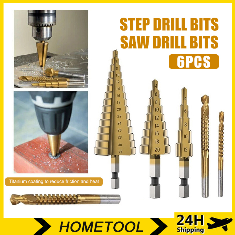 6Pcs Titanium Coated HSS Drill Bit Gerudi Step Drill Bit Universal Hole ...