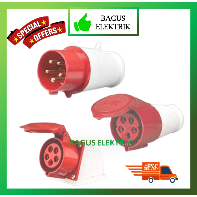 32A 5 PIN INDUSTRIAL PLUG WALL SOCKET CONNECTOR (RED)THREE PHASE ...