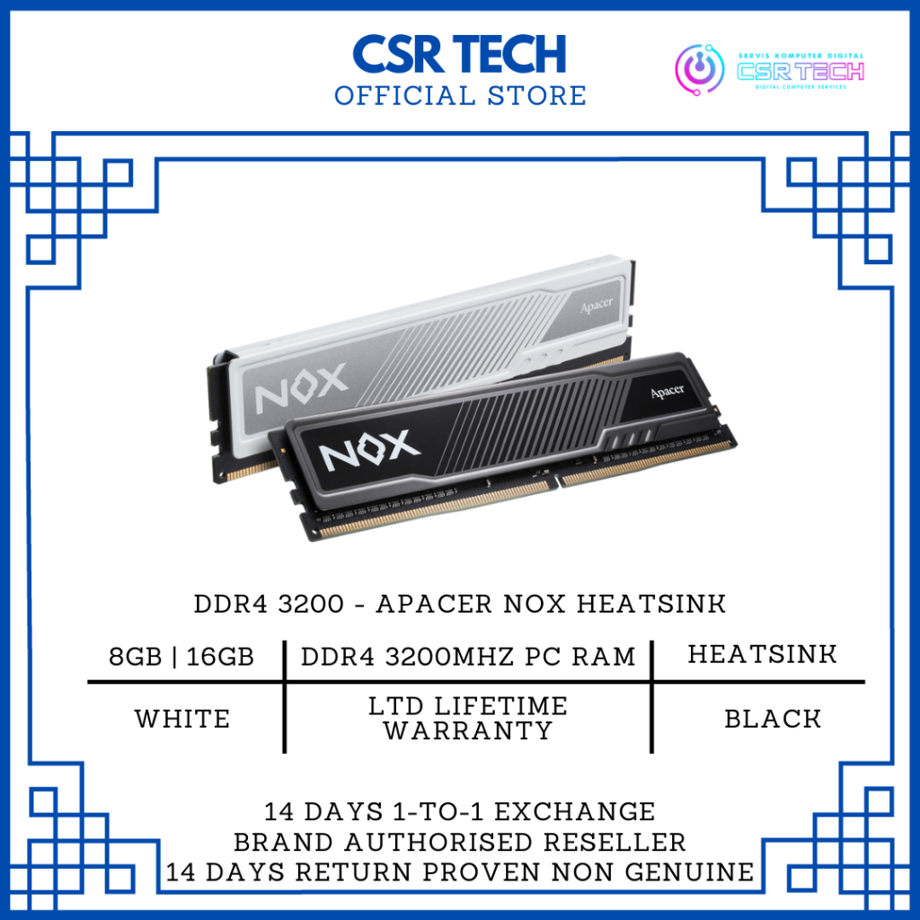 [CSR TECH] APACER NOX DDR4 3200MHZ NON-RGB HEATSINK PC GAMING RAM [8GB | 16GB] [BLACK/WHITE ...