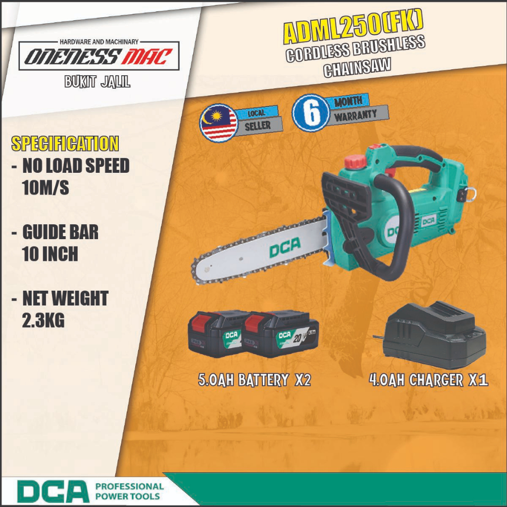 ''DCA'' CORDLESS BRUSHLESS CHAIN SAW C/W 2X 5.0AH BATTERY & 4.0A ...