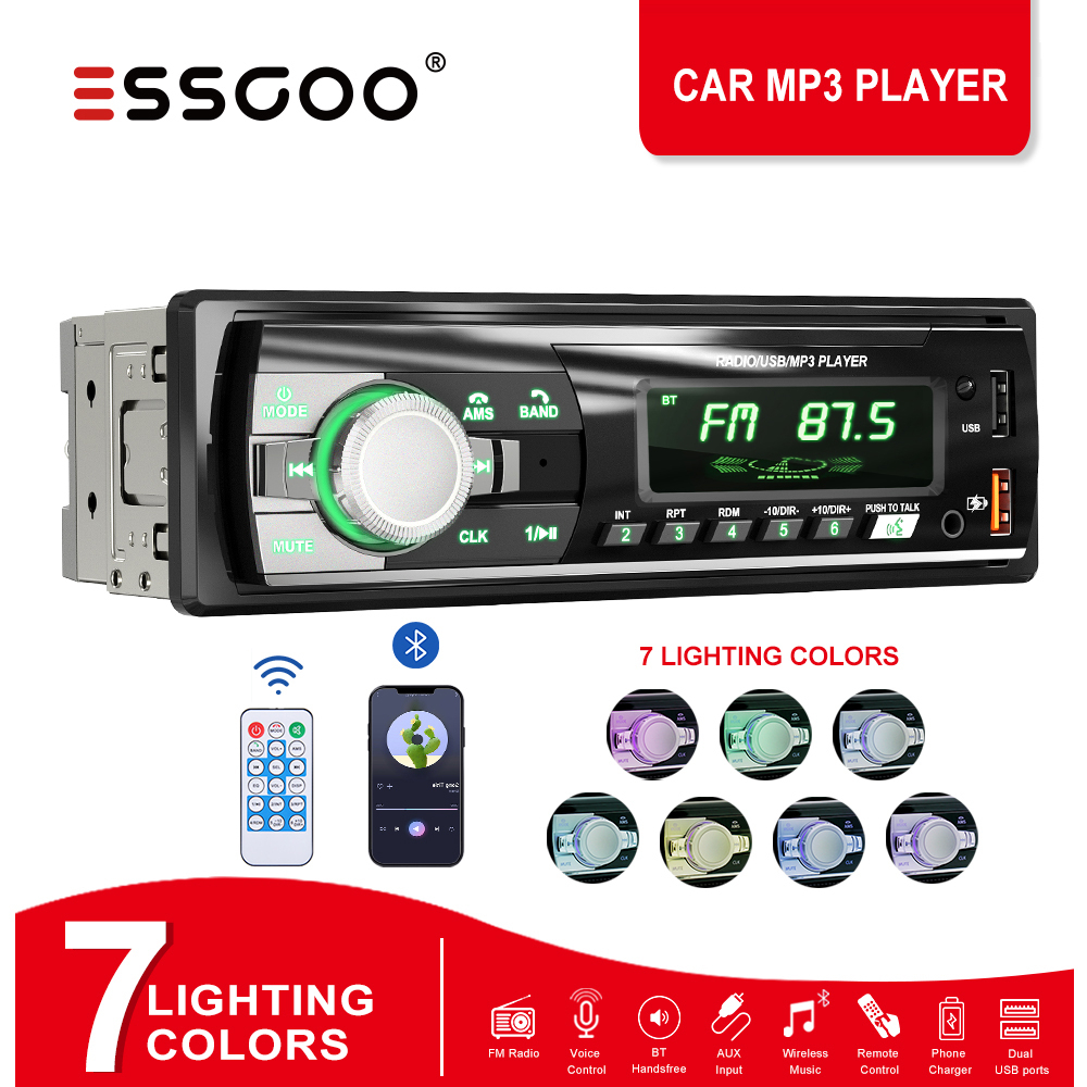 ESSGOO 1 Din Car Radio FM Bluetooth Hands Free Calling MP3 Car Player With Voice Assistant Radio ...