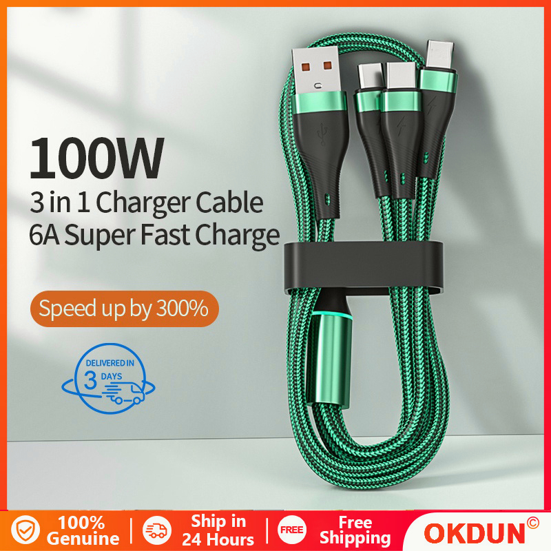 3 in 1 Braided Micro USB Type-C Cable 100W Smartphone Charger Cable1.2M ...
