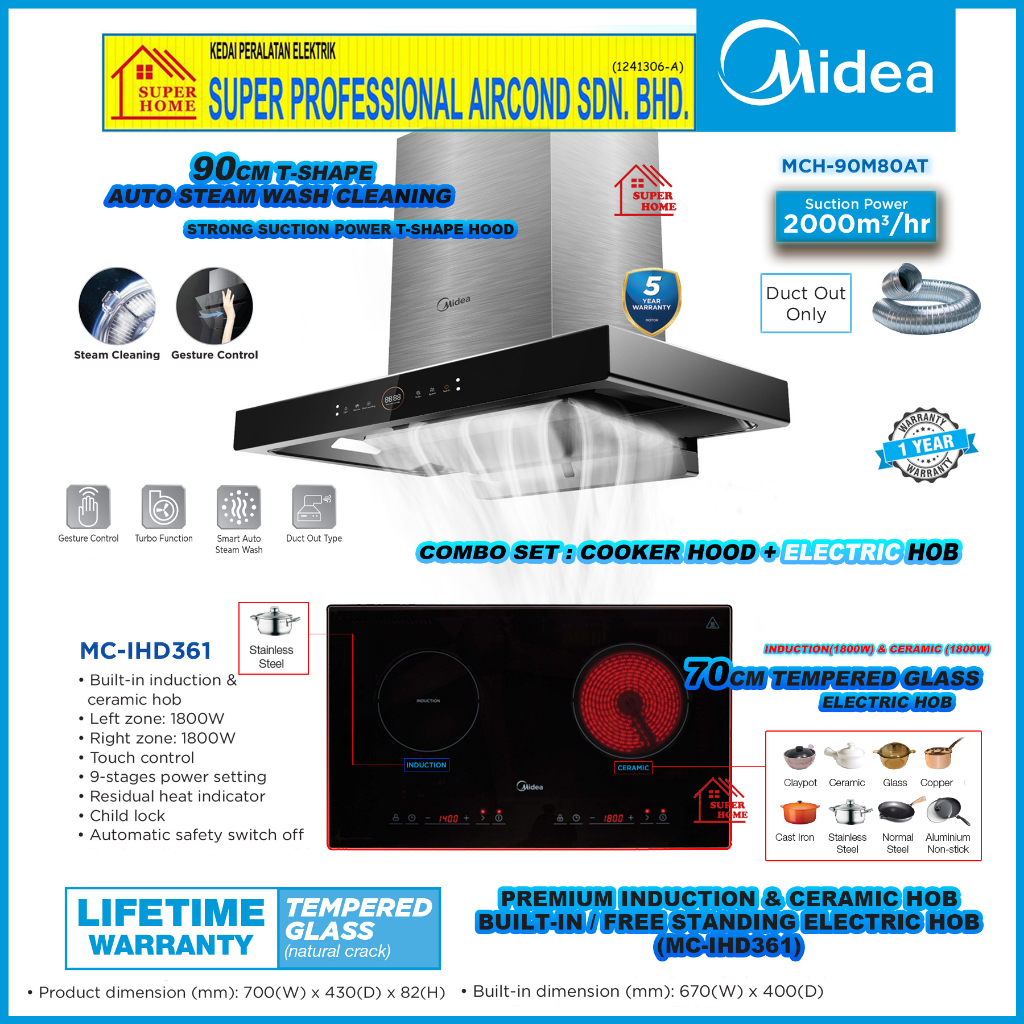 Midea Cooker Hood MCH-90M80AT 90cm T-Shape Hood (2000m³) + Midea ...