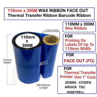 110mm x 300M WAX RIBBON FOR BARCODE PRINTER (FACE OUT) (FO) (INK ...