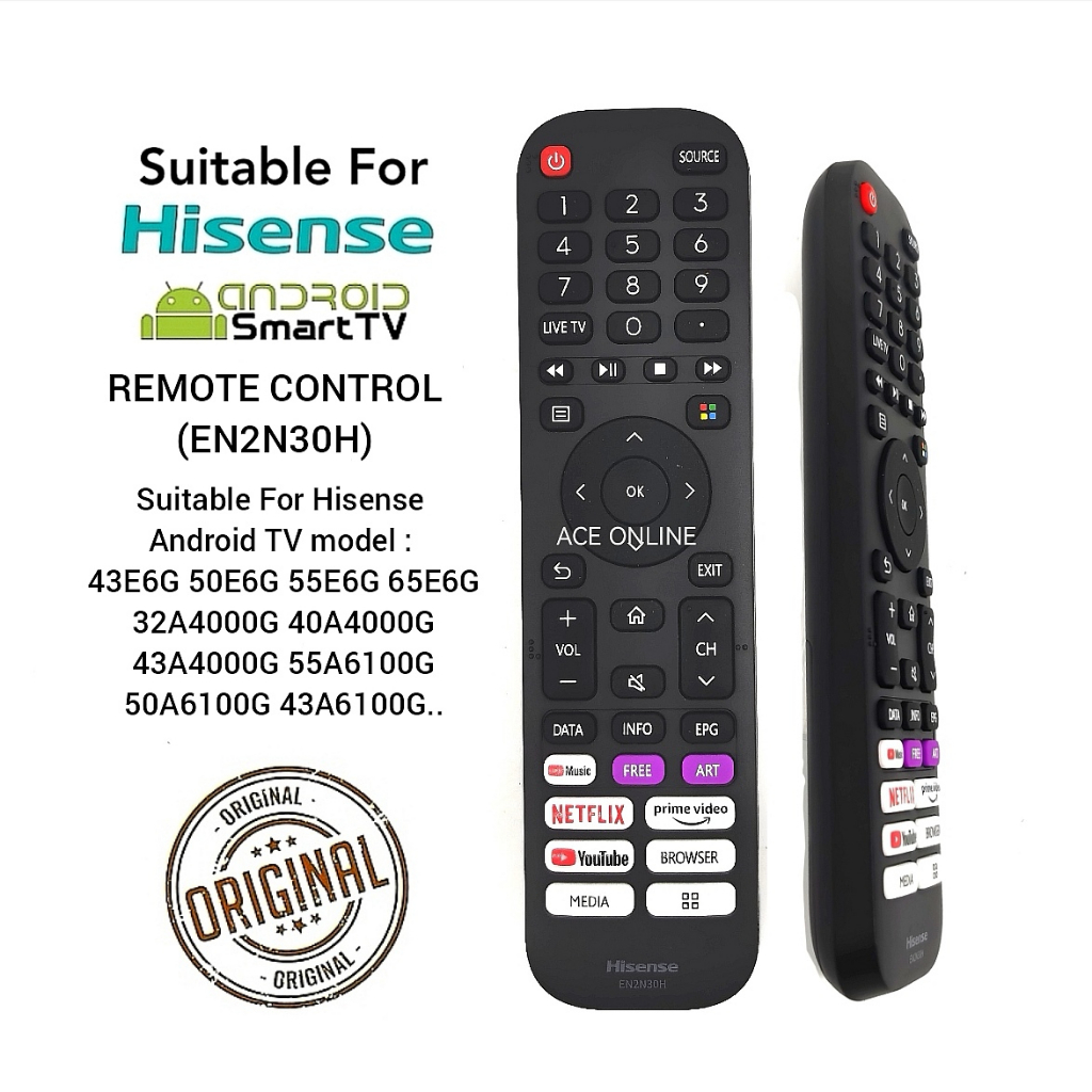 ORIGINAL HISENSE ANDROID SMART TV REMOTE CONTROL EN2N30H SUITABLE FOR 43E6G 50E6G 55E6G ...