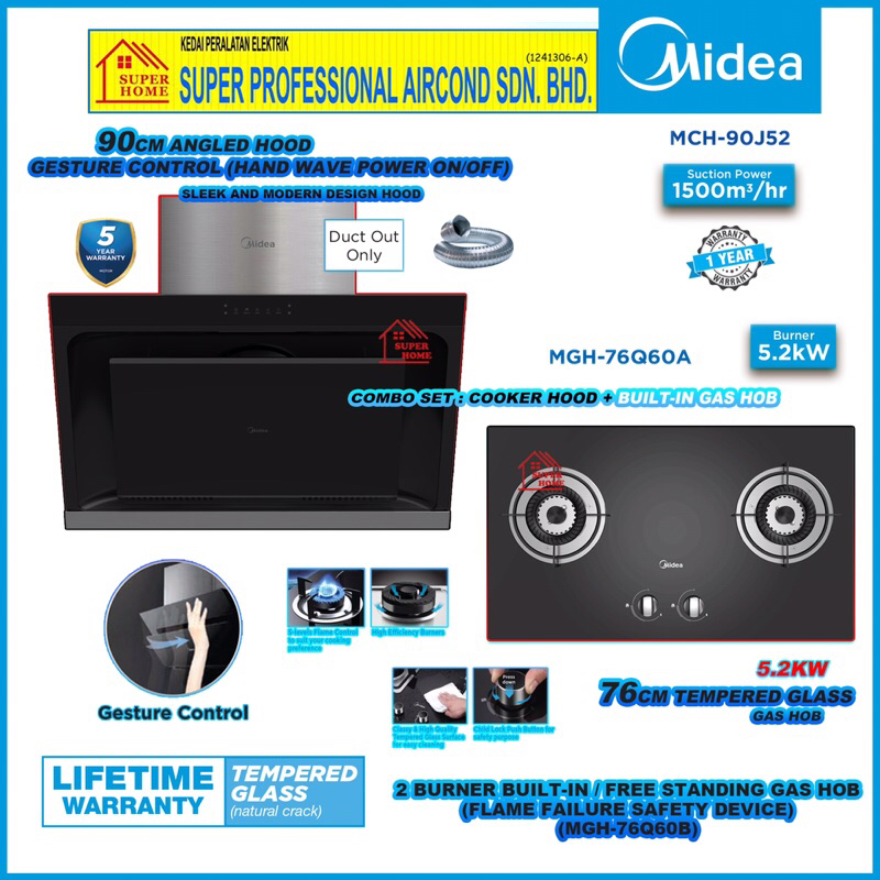 Midea Hood MCH-90J52 90cm Angle Designer Hood + Midea Built in Gas Hob ...