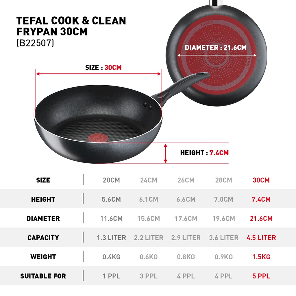 Tefal Light & Clean Non Stick Deep Frypan Cookware (26cm / 30cm / 30cm ) B22405/B22407/B22507 ...