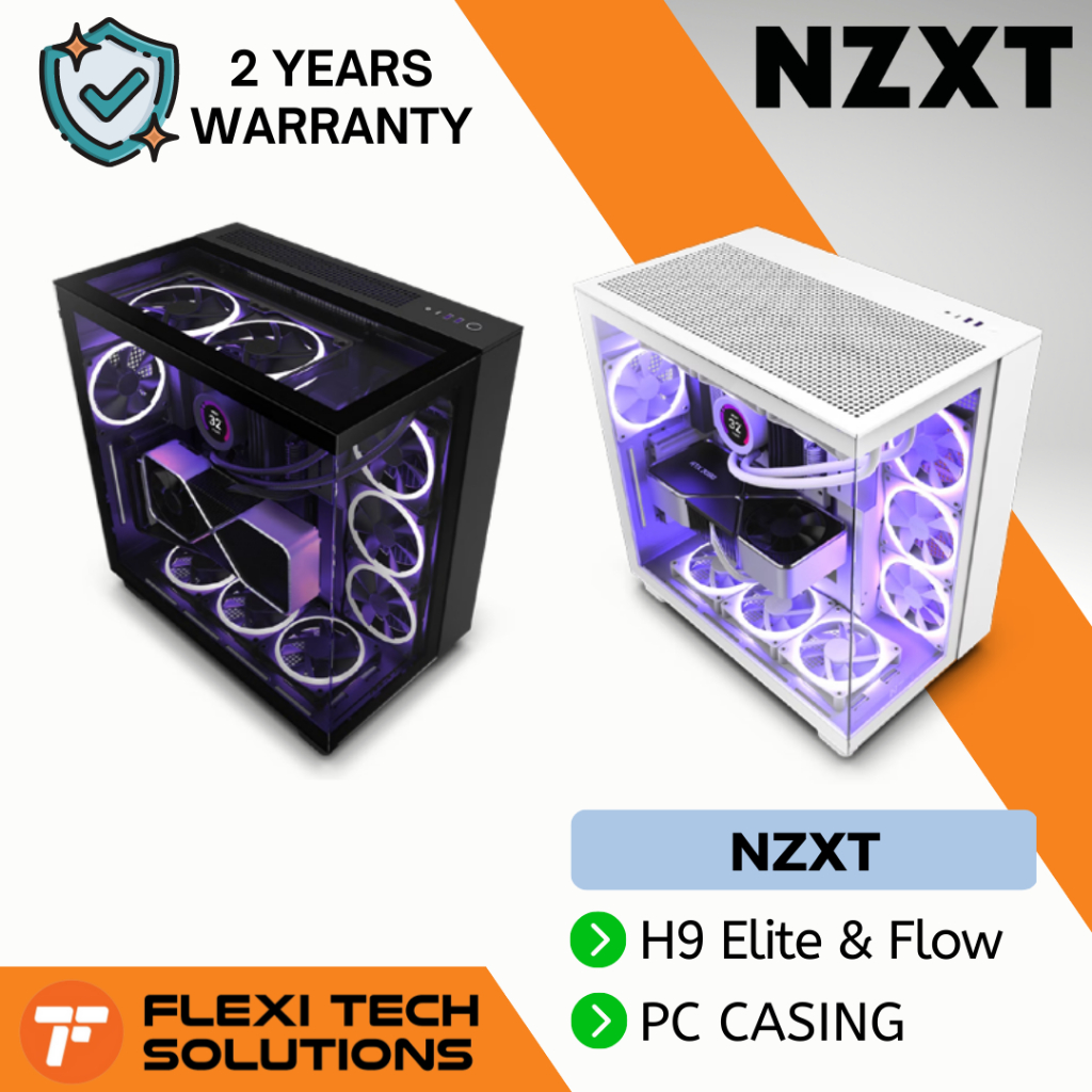 Flexi Tech NZXT H9 Elite & Flow Mid-Tower Case PC Desktop Casing Black & White Dual-Chamber Mid ...