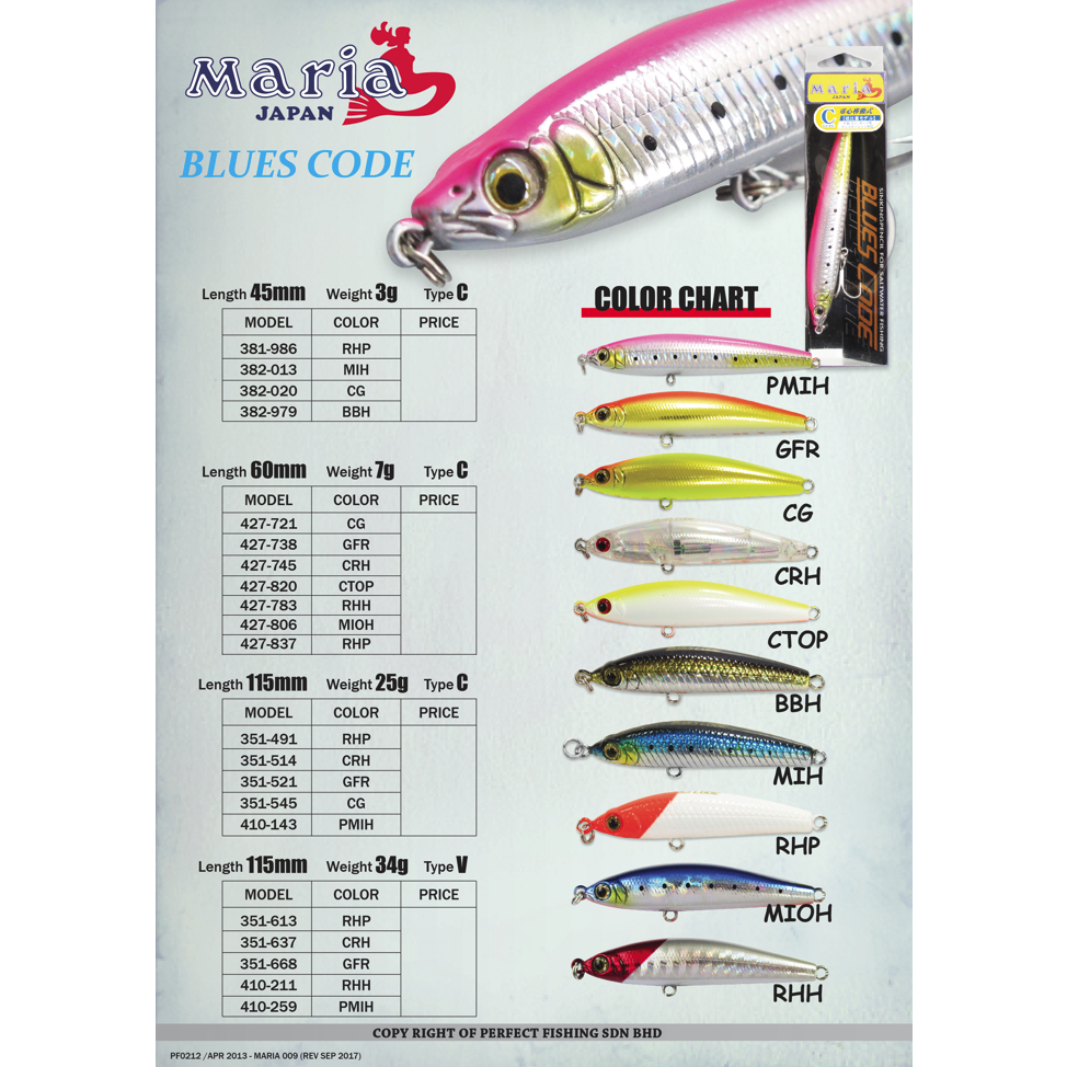 MARIA fishing lure BLUES CODE 45mm 60mm 115mm TYPE C / TYPE V pencil ...