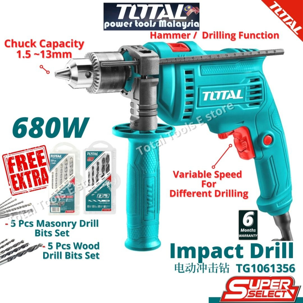 TOTAL 680w Impact Drill 13mm with [ Extra Free 10 Pcs Wall & Wood Drill ...