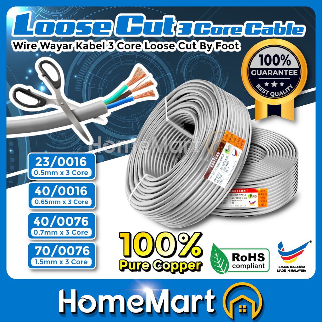 【Loose Cut】3 Core Flexible Cable Wire Wayar Kabel | 0.5mm 0.65mm 1mm 1 ...