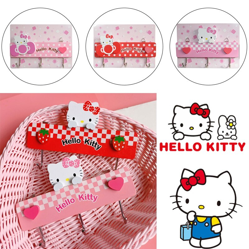 凯蒂猫挂钩木质3勾 Hello Kitty Three-Hook Hanger Wall Self-adhesive | Shopee ...