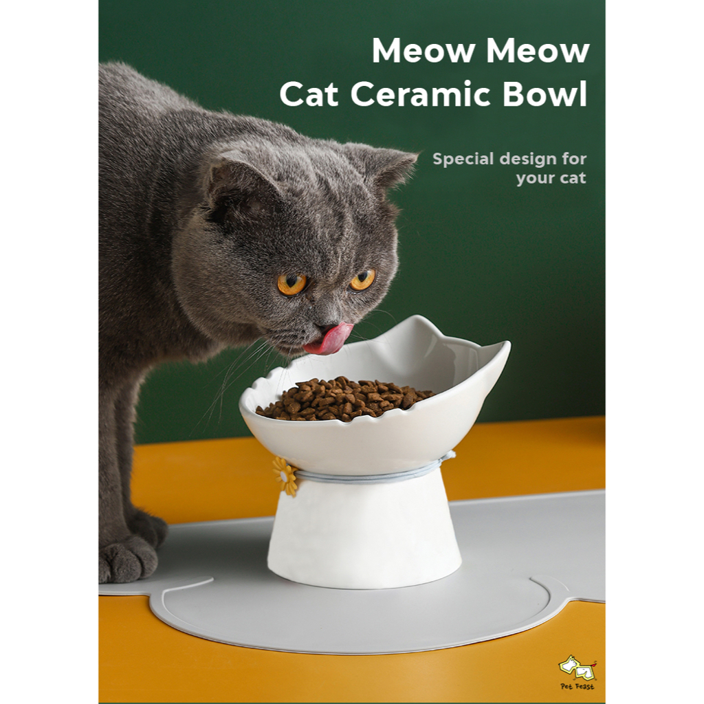 Meow Meow Ceramic Raised Cat Bowl Elevated Pet Bowl Porcelain Small Dog ...