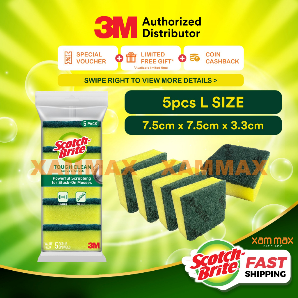 3M Scotch Brite 5 Pcs Value Pack Tough Clean Heavy Duty Scouring Sponge ...