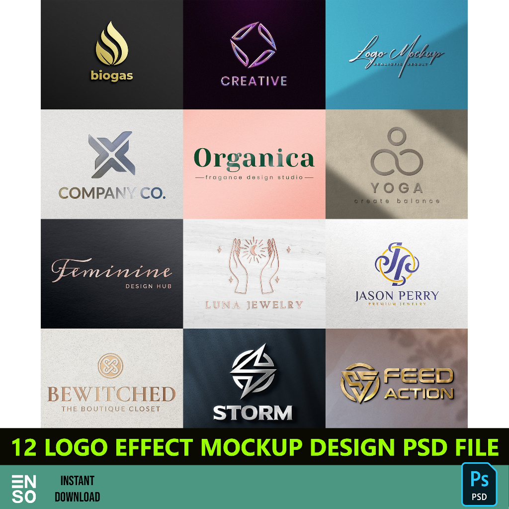 12 Set PSD Logo Design Mockup | PSD Embossed Logo Branding Design with ...