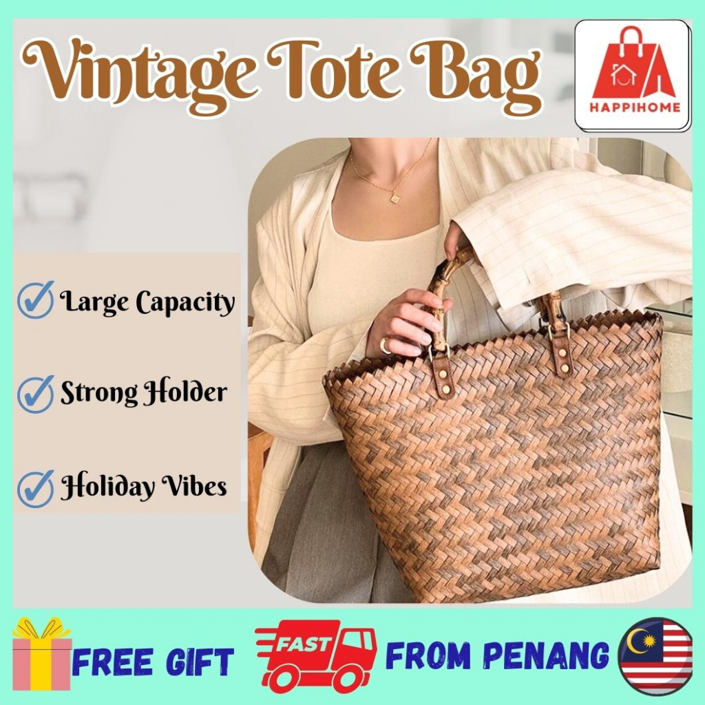 Straw Beach Large Tote Bag Weave Grocery Anyaman Mengkuang Bag Vintage ...