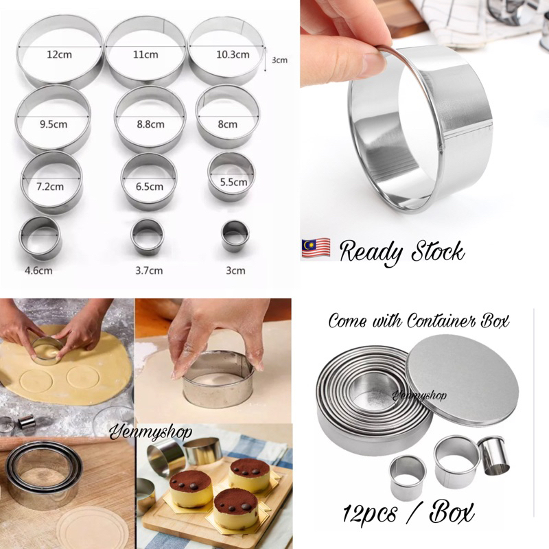 12Pcs Kek Acuan Stainless Steel Round Shape Cutting Cookie Molds Mousse ...