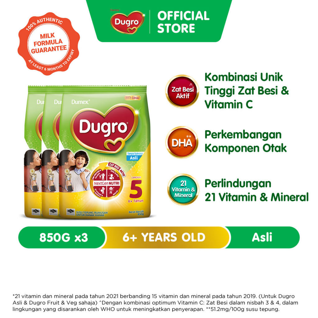 Dumex Dugro Step 5 Original/Asli Growing Up Milk Formula 6+ years (850g ...