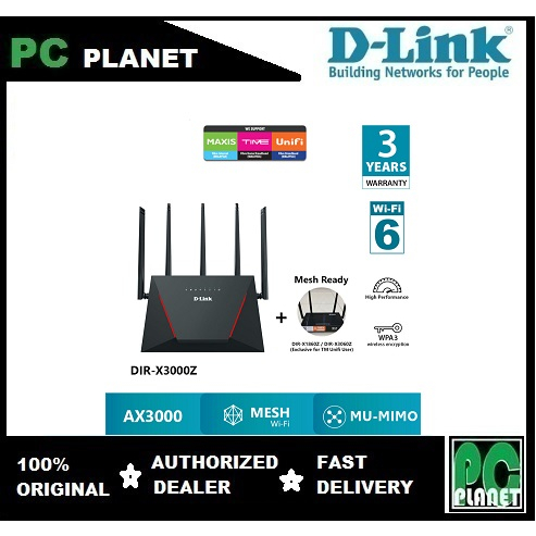 D-Link DIR-X3000Z AX3000 WiFi 6 Mesh Gigabit Wireless AX Router (Can Mesh with TM Router DIR ...