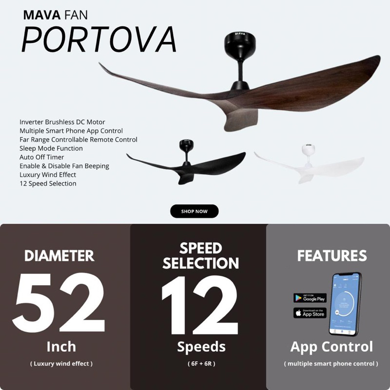 Mava Portova 52” Dc ceiling fan / smart phone control speed / inverter ...