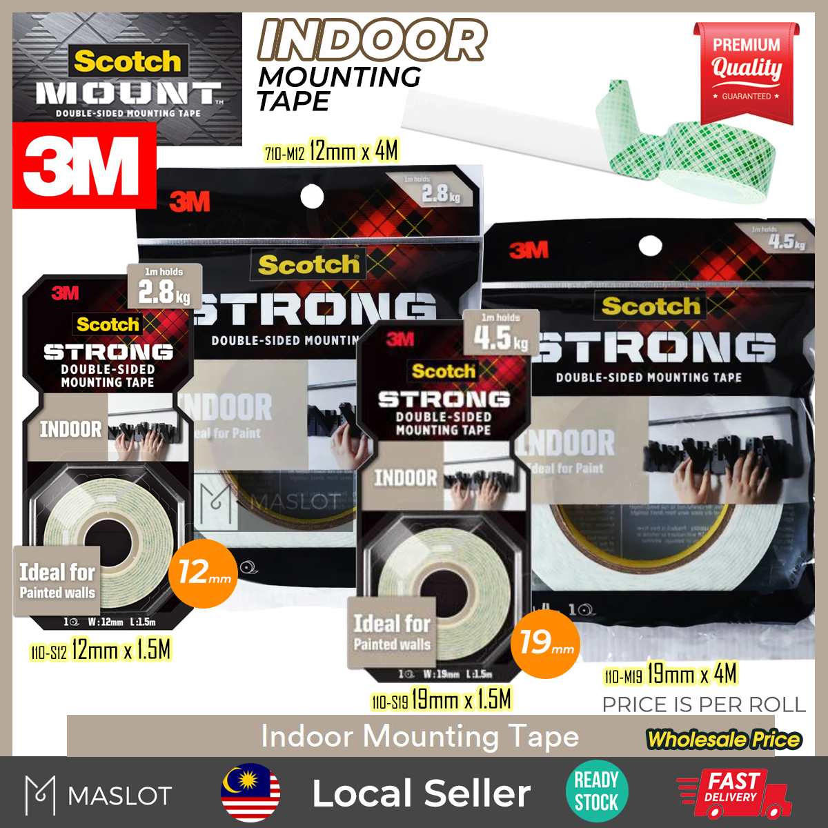 3M Scotch Indoor Double sided Foam Mounting Tape 12mmx2M / 12mmx5M / 24mmx2M / 24mmx5M 110-S12 ...