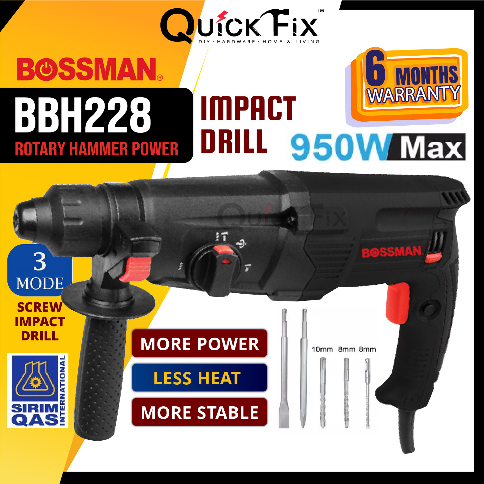 QuickFix [PRO] BOSSMAN Rotary Hammer Power Impact Drill BBH228 Set 950W ...