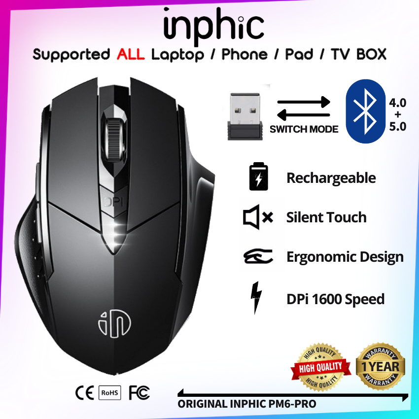 Wireless Mouse Rechargeable Bluetooth INPHIC-PM6 Silent Click Mouse PC Laptop Tablet Mobile ...